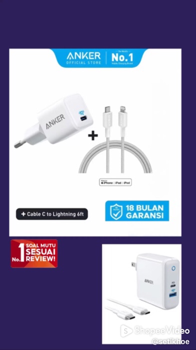 Anker changer adaptor dan kabel IPhone 15 14 13 12 11 20W 30W USB-C to lightning | Shopee Video ...